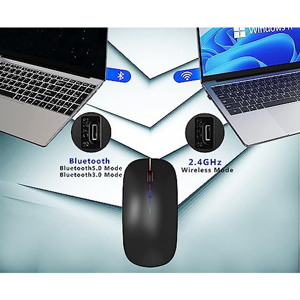 Wireless Bluetooth Mouse,LED Rechargeable Slim Silent Laptop Mouse,Portable(BT5.2+USB Receiver)Dual Mode Computer Mice,Quick Precise Responsiveness Control Laptop,Desktop Computer,Tablet,phone.(Black)