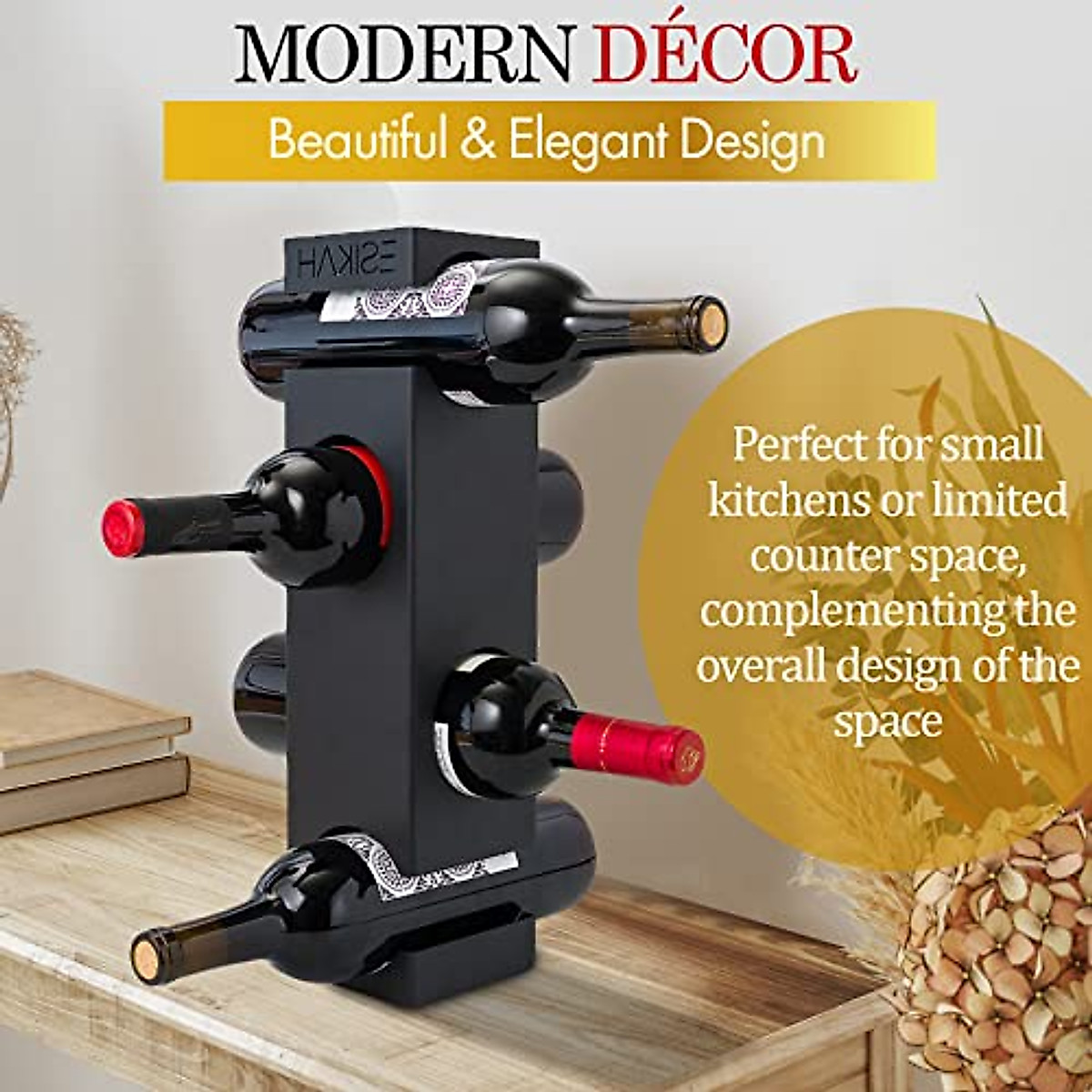 Esikah Countertop Wine Rack 4 Bottle | Wine Bottle Holder for Bar Table and Wine Cabinet | Steel Freestanding Wine Racks for Bar and Kitchen Decor | Compact Wine Bottle Stand