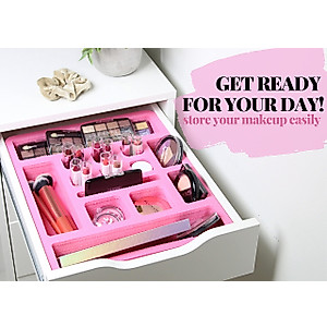 Polar Whale Makeup Pink Drawer Organizer Tray Washable Waterproof Durable Foam Insert for Home Bathroom Bedroom Office 11.5 x 14.5 Inches 14 Compartments for Lipstick Eyeliner Cosmetics and More
