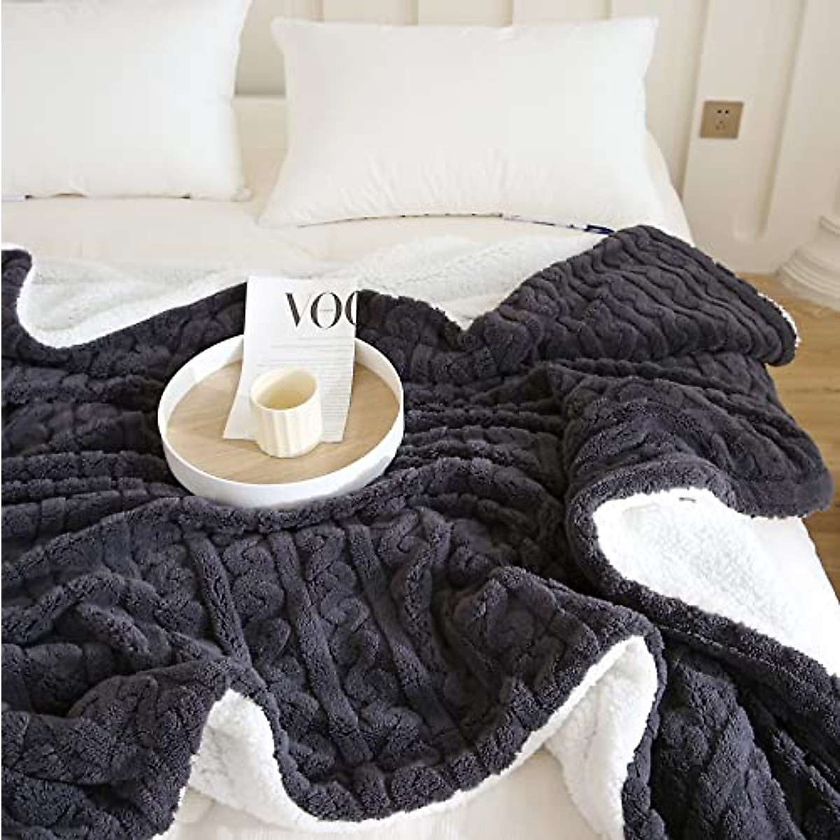 Bella Sherpa Throw Blanket for Couch Sofa - Fuzzy Soft Cozy Blanket for Bed, Fleece Thick Warm Blanket for Winter (Dark Grey, 60" * 80")