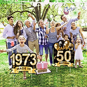 2Pcs 50th Birthday Yard Sign Decorations with Stakes, Large Size 16'' Black Gold Happy 50th Birthday Made in 1973 Waterproof Outdoor Lawn Signs Decor for Men Women Birthday Party Supplies