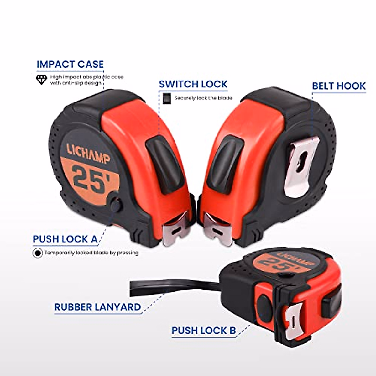 LICHAMP Tape Measure 25 ft, 6 Pack Bulk Easy Read Measuring Tape Retractable with Fractions 1/8, Multipack Measurement Tape 25-Foot by 1-Inch, C6RD