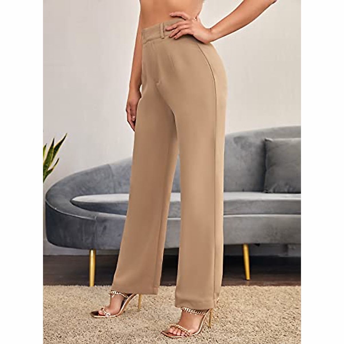 SweatyRocks Women's Elegant High Waist Solid Long Pants Office Trousers Khaki M