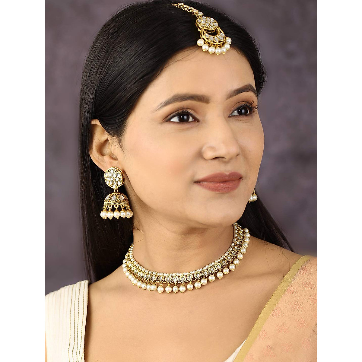 Priyaasi Kundan Indian Jewellery Set for Women with Mang Tikka | Gold-Plated | Floral-Leaf Design | Pearl Drop | Indian Bridal Jewelry Set for Wedding | Jhumka Earrings | White & Golden
