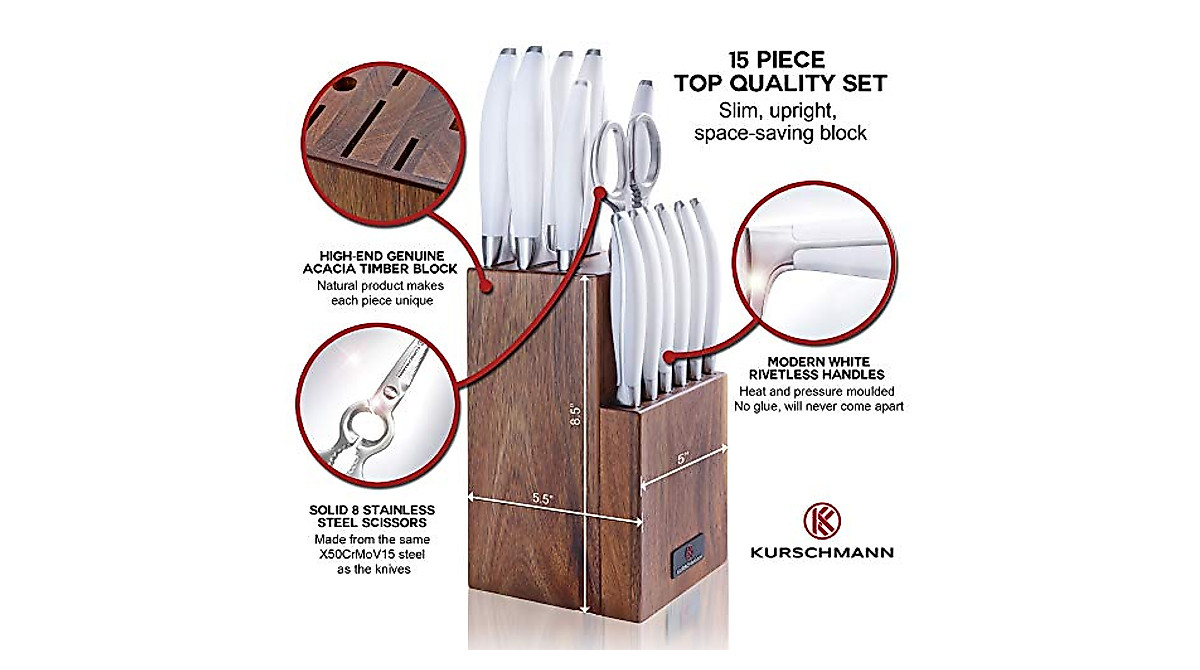 Kurschmann 15-Piece Knife Set CLEARANCE in Upright Acacia Block, White ...