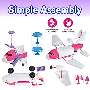 Pink Airplane Toy Private Jet Transport Cargo Vehicle - Big Large Aircraft Plane with Figures and Beauty Accessories Pretend Playset for Toddler Girls