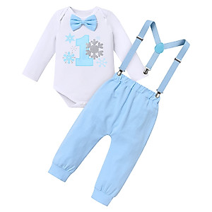 Baby Boys Winter Snowflake 1st Birthday Outfits Cake Smash Romper & Long Pants & Suspenders & Crown Fall Party Clothes Set for Kids Toddler Xmas Photo Props Gentleman Formal Suit Blue & Crown 12