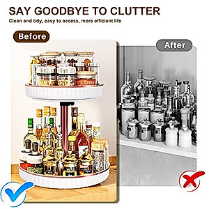 Double Layer Lazy Susans,2 Tiers Plastic Turntable with Adjustable Height, 360° Rotating Spice Rack for Kitchen Cabinet Storage, White (Diameter 10.23"-11.81")