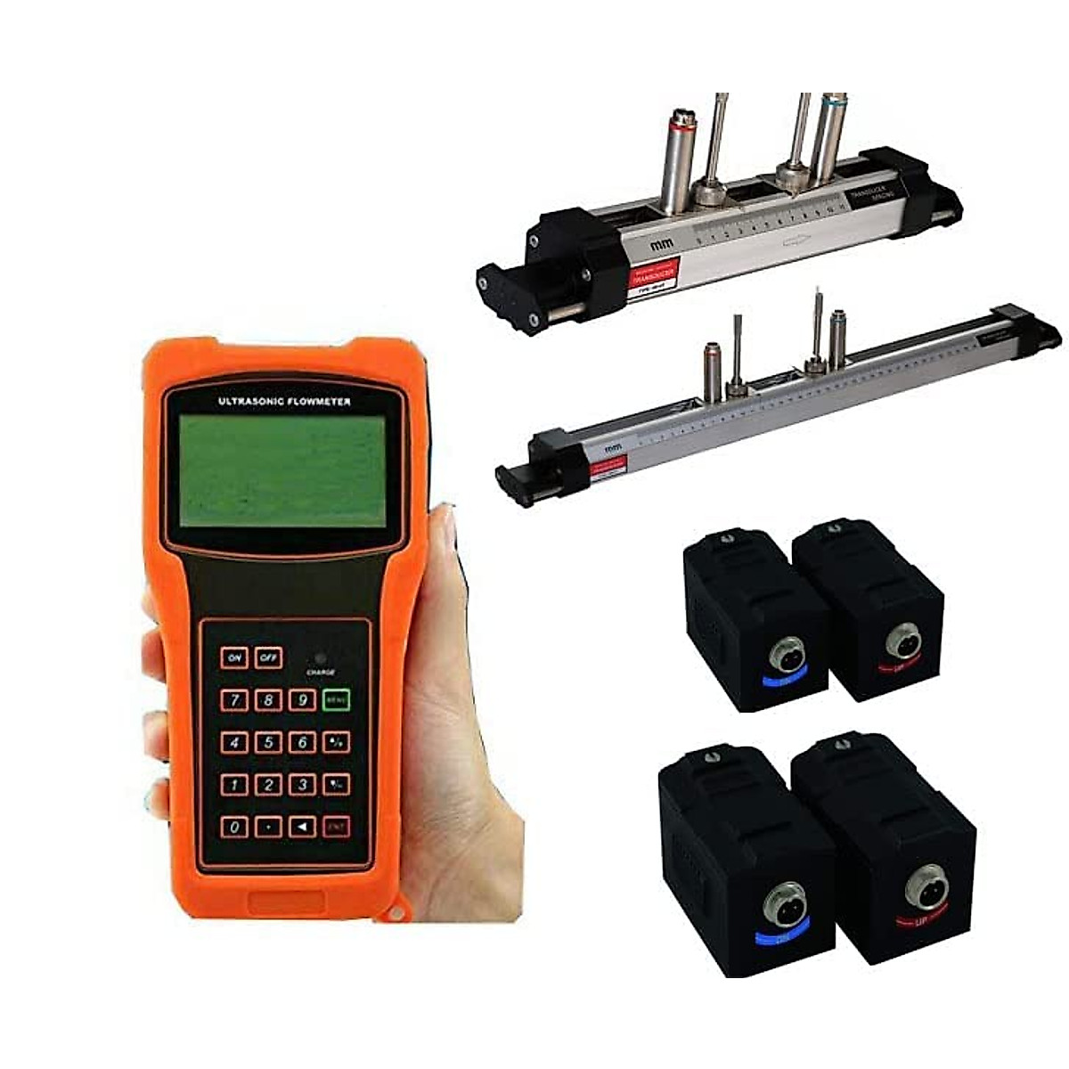 Portable Ultrasonic Flow Meter Liquid Flow Meter with 2 High Temperature TS-2-HT and TM-1-HT Transducer and Bracket HS-HT and HM-HT for Pipe Diameter DN25 to 300mm Max Liquid Temperature 160 Degrees