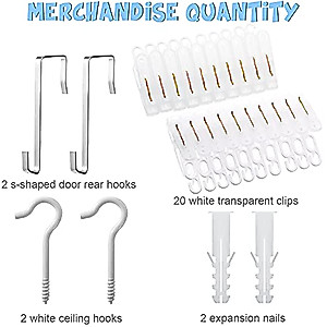 Blulu Plastic Toy Chain Organizer Stuffed Animal Storage Chain with 20 Pcs Plastic Clips 2 Pcs Ceiling Hook and 2 Pcs Door Hook for Hanging Plush Toys Hats Socks and Holiday Cards (White Clip)