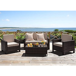 Homall 4 Pieces Outdoor Patio Furniture Sets Rattan Chair Wicker Conversation Sofa Set, Indoor Backyard Porch Garden Poolside Balcony Use (Beige)