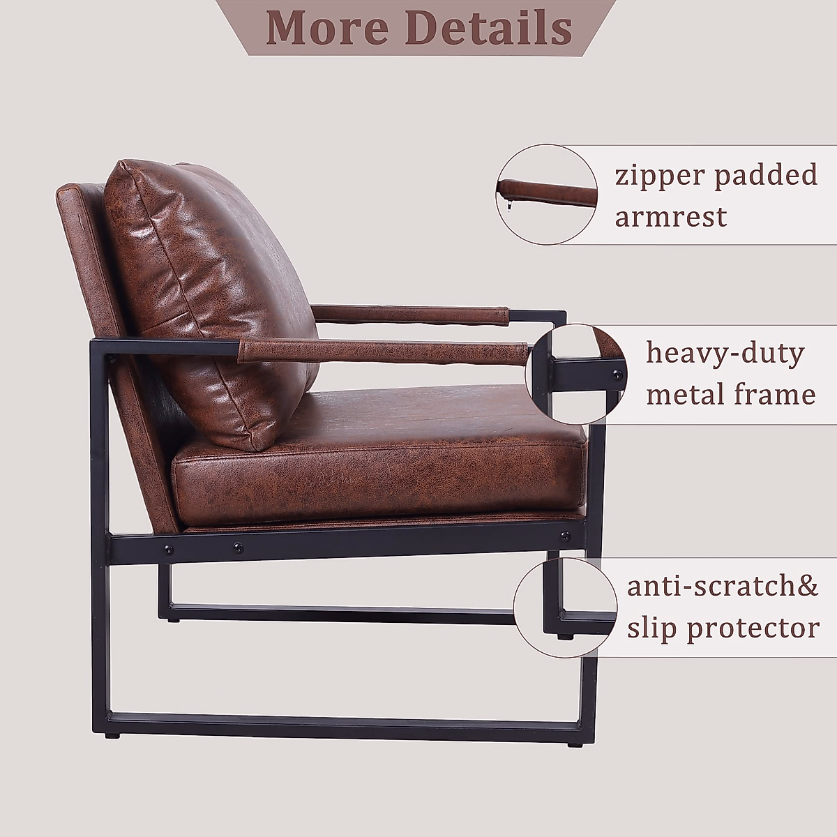 Nusetx Mid-Century Modern Accent Chair, Faux Leather Upholstered Living Room Chairs with Waist Cushion, Reading Armchair for Bedroom Sunroom, Brown