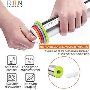 RJUN Stainless Steel Rolling Pin with Thickness Rings and Pastry Mat Set for Baking Cookie Chapati Fondant Dough Pastry Pizza Pie Crust