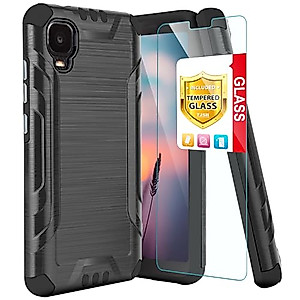 TJS Compatible with Alcatel TCL A3 A509DL Case/TCL A30 Case, with Tempered Glass Screen Protector, Magnetic Support Hybrid Shockproof Metallic Brush Finish Protector Phone Case Cover (Black)