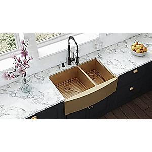 Ruvati 33-inch Satin Brass Matte Gold Stainless Steel 60/40 Double Bowl Apron-Front Farmhouse Kitchen Sink - RVH9742GG