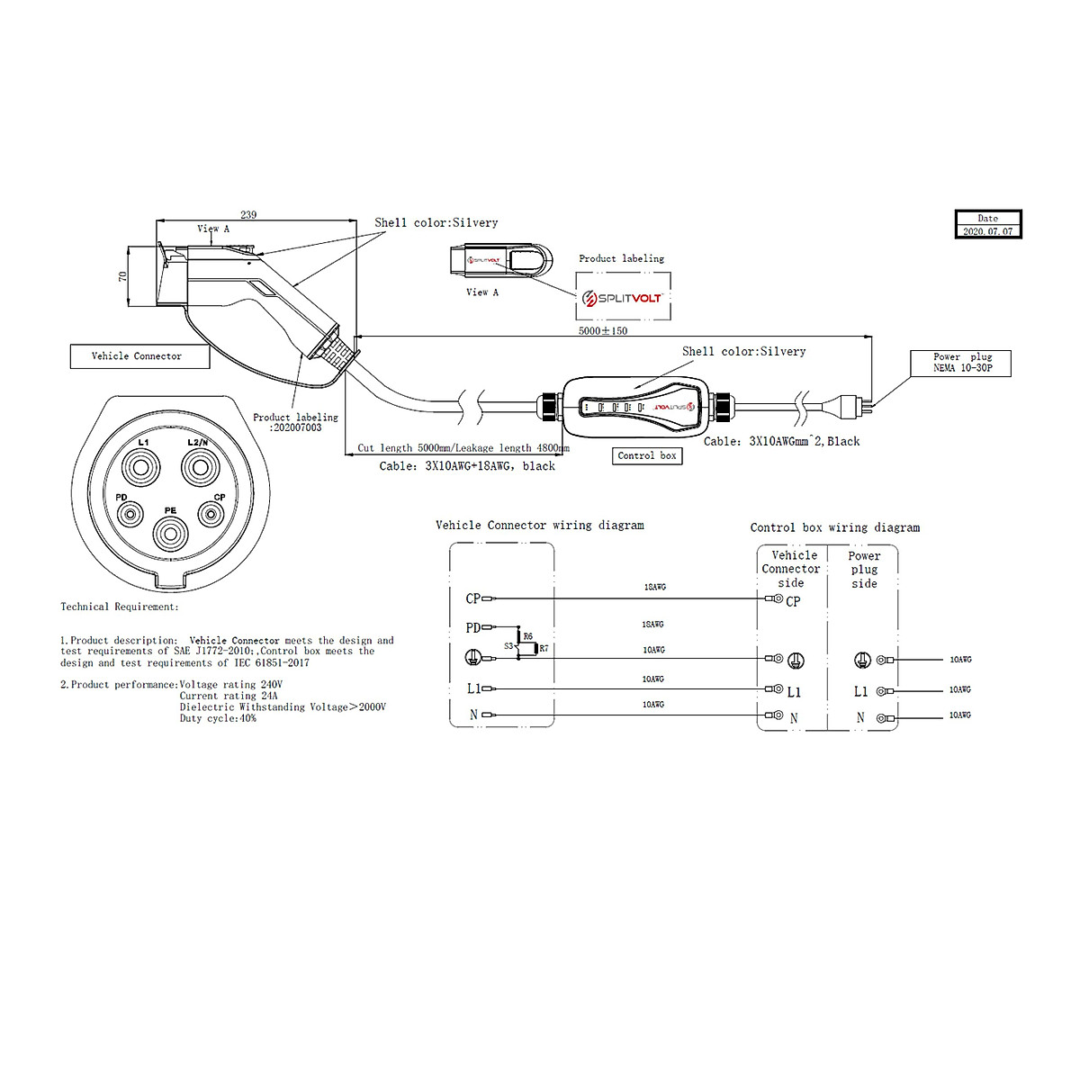 Splitvolt NEMA 10-30 Level 2 EV Charger 240V with 16 ft Cord, Fastest NEC-Safe 30 Amp Circuit Charging, J1772 Plug, Includes EVSE Cable Travel Bag