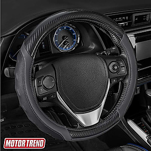 Motor Trend UltraSport Gray Carbon Fiber Steering Wheel Cover, Standard 15 inch Size, Black Faux Leather Comfort Grip, Car Steering Wheel Cover for Auto Truck Van SUV