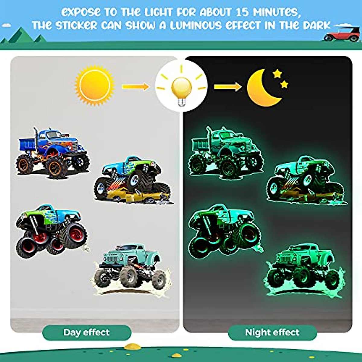 4 Sheets Truck Wall Decals Glow in The Dark Truck Stickers Large Car Wall Ceilings Stickers for Kids Boys and Girls Room Bedroom Home Decors, 4 Styles, 11 x 11.8 Inches