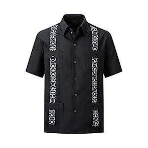Men's Guayabera Shirts Short Sleeve Casual Snap Shirts(Black XL)