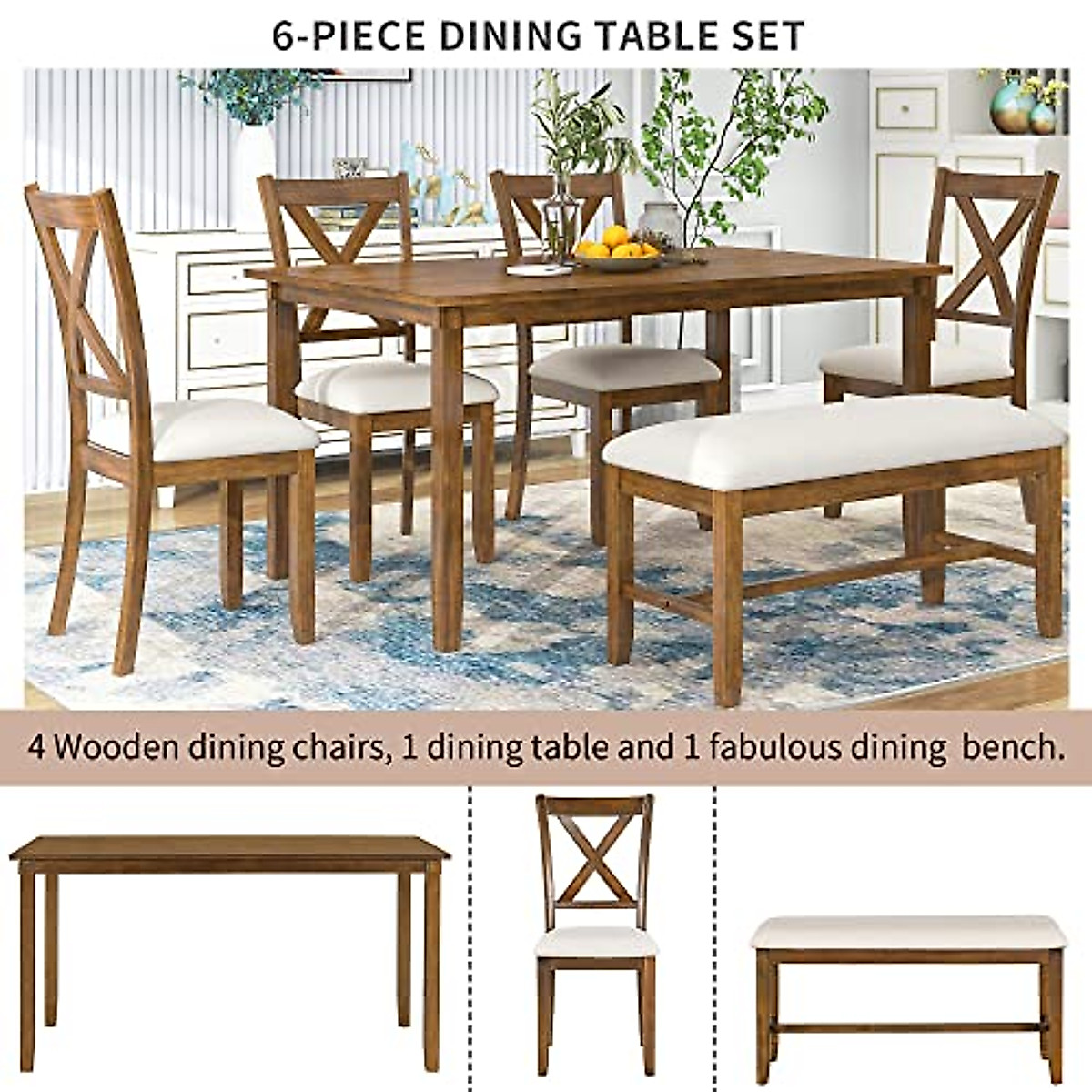 P PURLOVE 6 Piece Dining Table Set, Wood Rectangular Kitchen Table and 4 Cushion Dining Chairs and 1 Cushion Bench, Family Furniture for 6 Persons, Natural Cherry