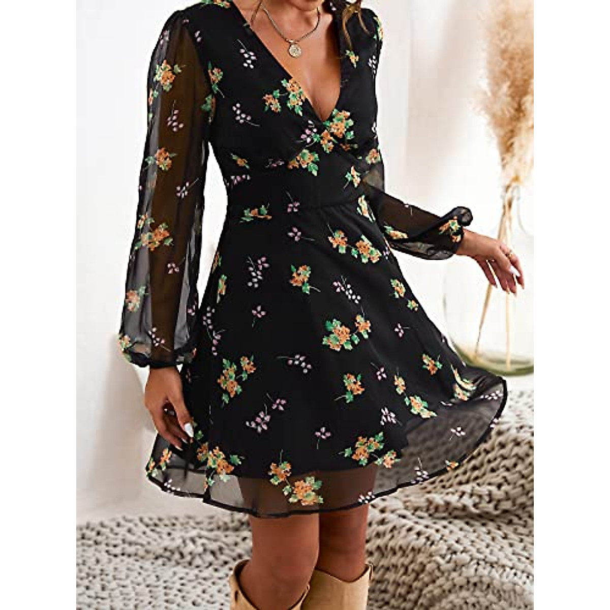 CUPSHE Women's Mini Dress Floral Print Chiffon Flowy Dresses Long Sleeve Dress for Women