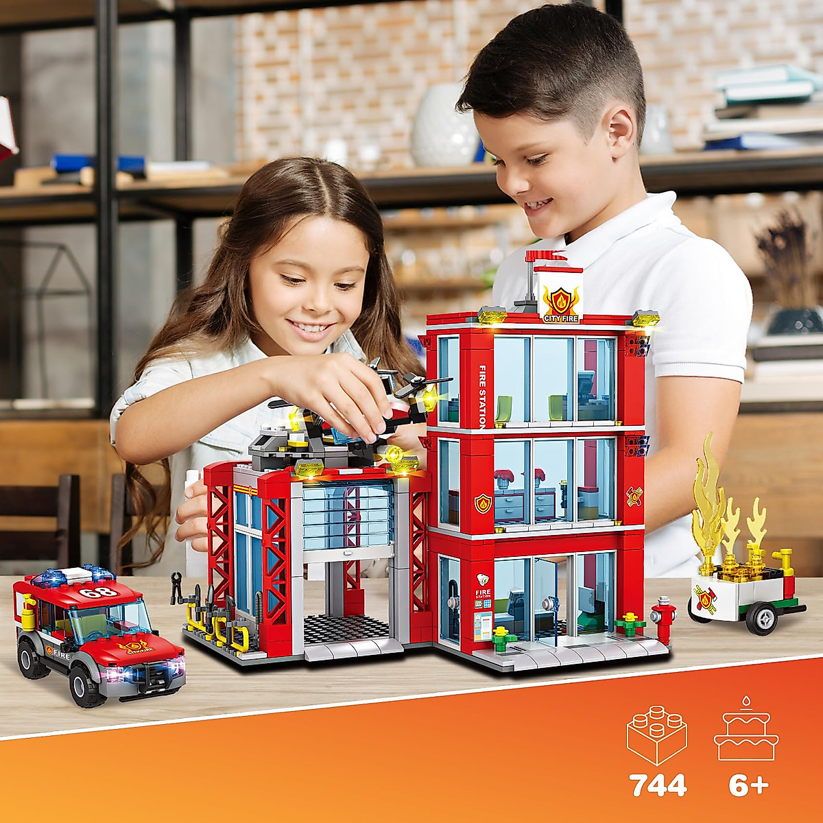 WishaLife City Fire Station Building Blocks Set, Fire Truck, Helicopter, Drone, Rescue Gear, Fire Command Center Playset, Firefighters Roleplay Toy Gifts for Kids Boys Girls Ages 6+ (744 Pieces)