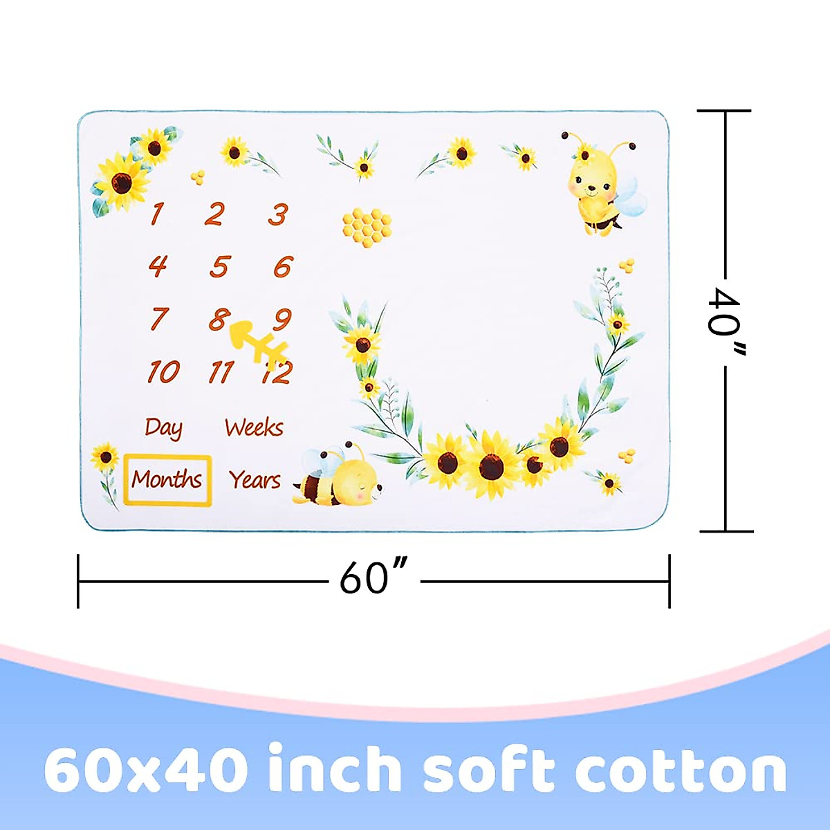CHILDREN'S GANG Baby Boy Monthly Milestone Blanket, 60"x40" Baby Girl Month Blanket, Newborn Baby Shower Photography Backdrop Blanket with Floral Wreath + Frames (Bee)