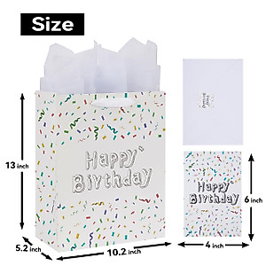 13" Large White Gift Bag Set with Greeting Card and Tissue Papers (Sketch-shaped Happy Birthday) for Women's or Men's Birthday Party, Girls', Boys' or Kids' Birthday Parties, Baby Shower, Baby Girl or Boy -10.2”x5.2”x13”,1 Pcs.