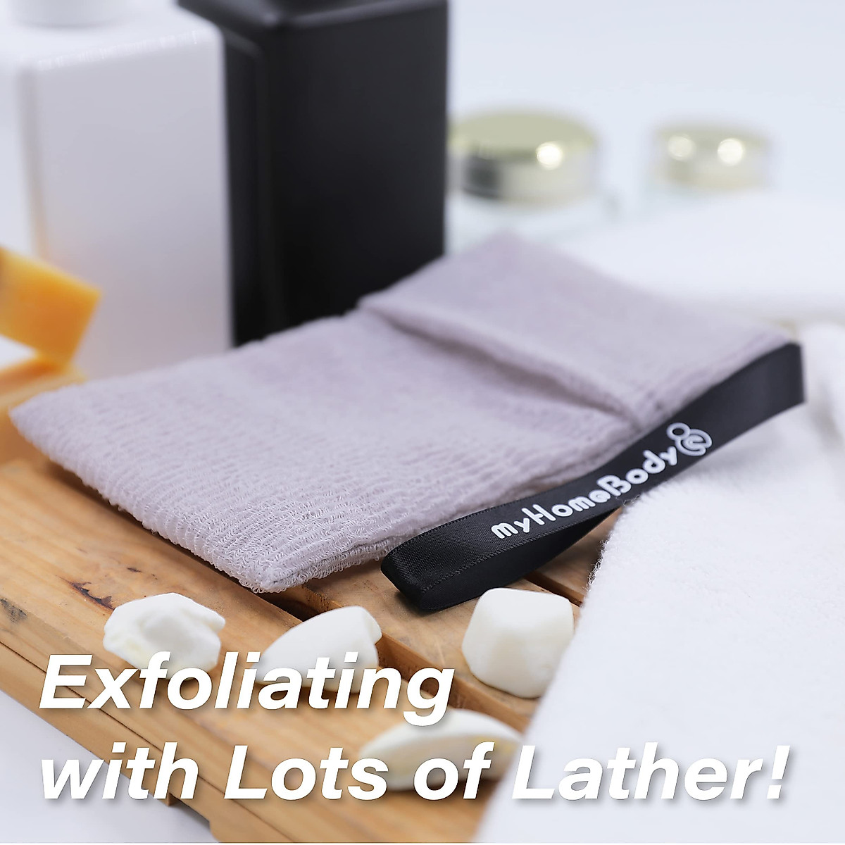 myHomeBody Soap Pocket Exfoliating Soap Saver Pouch, Body Scrubber Sponge, Exfoliator for Bath or Shower, for Large Bar Soap or Leftover Bits, White Smoke, 2 Pack + 2 Soap Lifting Pads