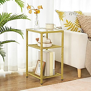 HOOBRO Side Table, 3-Tier Slim Nightstand with Storage Shelves, Modern End Table, Tempered Glass Bedside Table, for Living Room, Bedroom, Gold GD77BZ01