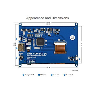 Waveshare 5inch Capacitive Touch Screen LCD Slimmed-Down Compatible with Raspberry Pi 5/4B/3B+/3A+/2B/B+/A+/Zero/Zero W/WH/Zero 2W CM3+/4 800×480 Resolution HDMI Toughened Glass Panel Supports Windows