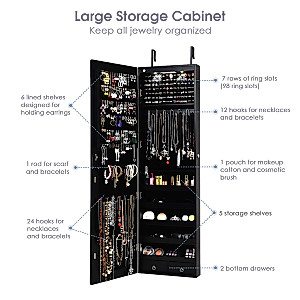 Giantex Wall Door Mounted Jewelry Armoire Cabinet with 47.5" H Full Length Mirror, 2 LEDs Lockable Jewelry Organizer Box with Bracelet Rod, 2 Drawers, Large Storage Capacity (Black)