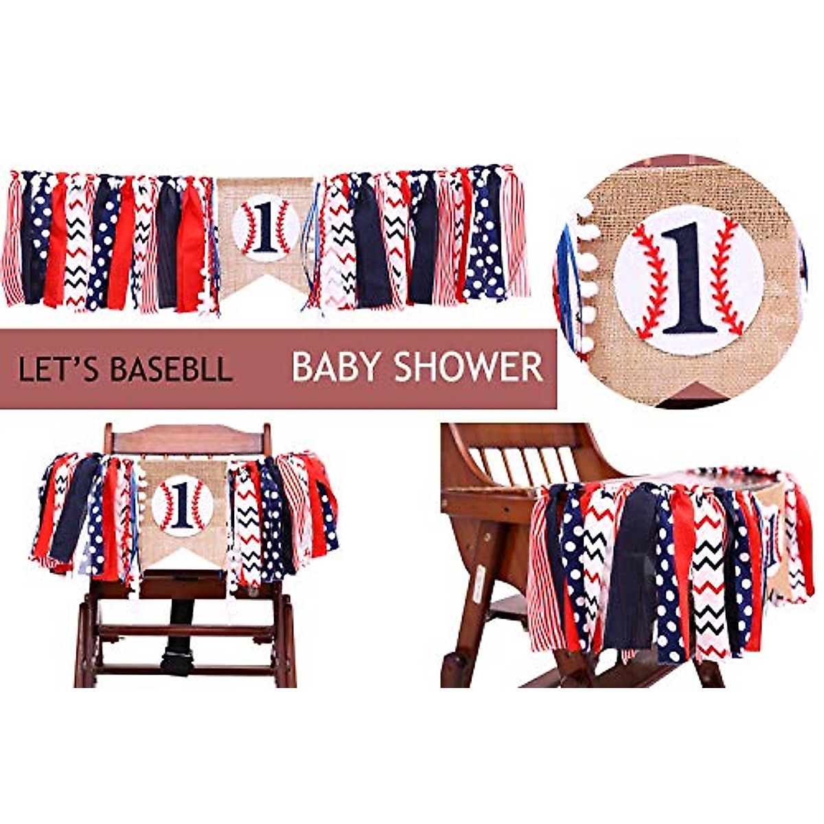 Baseball Banner for 1 St Birthday - First Birthday Decorations for Baseball Rag Tie Fabric Garland, Photo Booth Props Red White Blue, Birthday Souvenir and Gifts for Boy