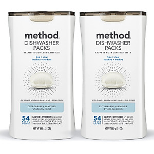 Method Dishwasher Detergent Packs, Fragrance Free + Clear, Dishwashing Rinse Aid to Lift Tough Grease and Stains, 54 Dishwasher Tabs per Package, (Pack of 2)