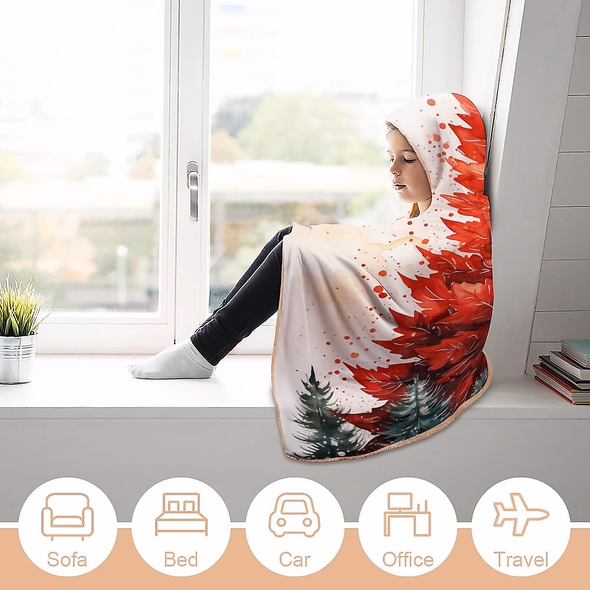 Women Men Hooded Blanket Red Watercolor Christmas TreeFleece Wearable Soft BlanketWinter Holiday Hooded Blankets for Kids Men Women for Home Couch Bed And Sofa 60"x80" Spring Summer Blanket Hoodie