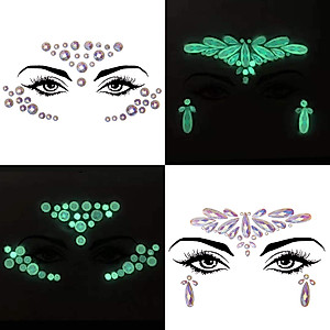 SIQUK 12 Sets Face Jewels Noctilucent Face Gems Luminous Mermaid Temporary Tattoo Stickers Acrylic Face Crystal Stickers for Party Rave Festival