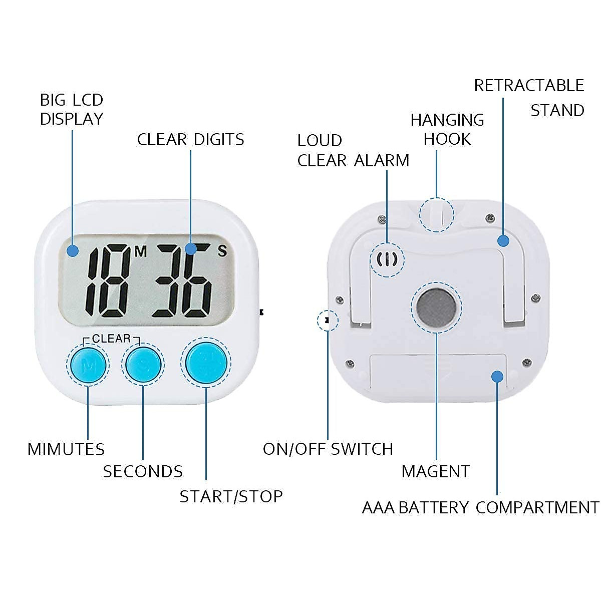 4 Pack Digital Kitchen Timer, ON/Off Switch, Large LCD Display Loud Alarm and Magnetic Backing Stand, Classroom Timers for Cooking Baking Teachers Kids Games Small Size (4 Colors)