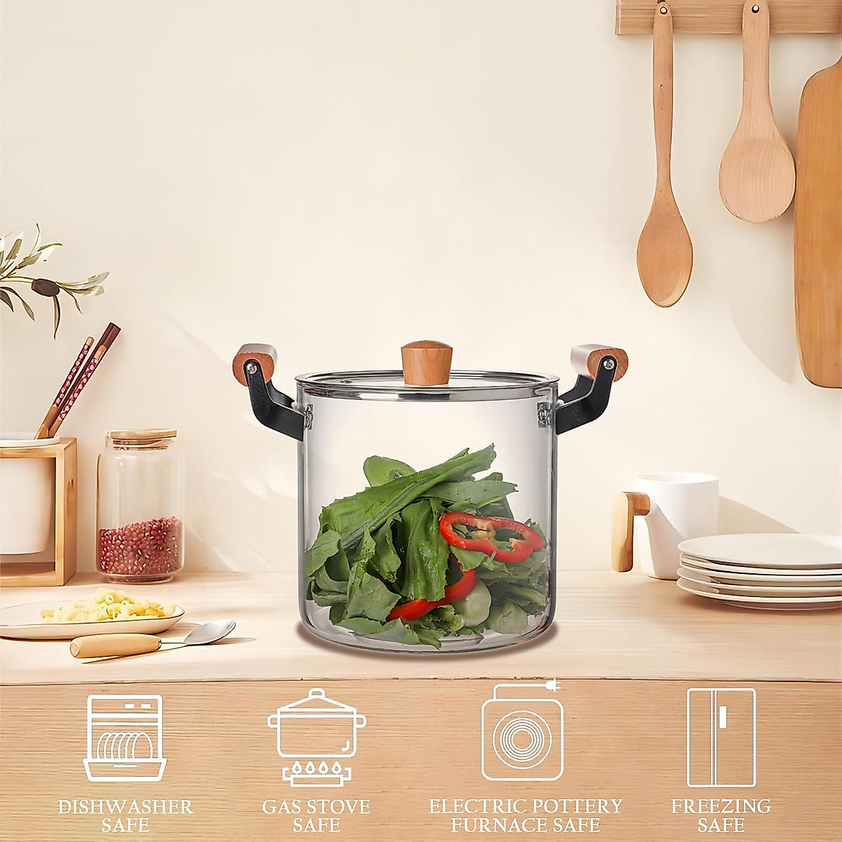 Hgjgwqh Clear Glass Pot for Cooking Borosilicate Glass Stovetop Pot with Lid and Wooden Handle Large Glass Saucepan with Cover on Stove Nonstick Glass Simmer Pot for Home Kitchen Restaurant,5.5l