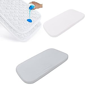 Baby Waterproof Bassinet Mattress Pad Cover and 100% Cotton Sheet(White+Greny), 20" x 28"