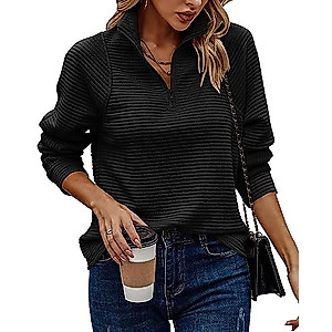 BTFBM Womens 2023 Fall Fashion Quarter Zip Sweatshirts Half Zip Casual Long Sleeve Solid Color V Neck Pullover Tops(Solid Black,Medium)