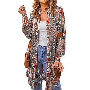 Dokotoo Womens Summer Spring Beach Boho Long Sleeve Cardigans Button-Down Bohemian Fashion Geometric Floral Kimonos for Women Brown XX-Large
