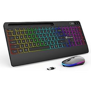 GEODMAER Wireless Keyboard and Mouse Combo with Phone Holder, Wrist Rest, Silent Rechargeable Backlit Full Size Ergonomic Keyboard and Mouse Wireless, Light Up Keyboard and Mouse for PC Mac