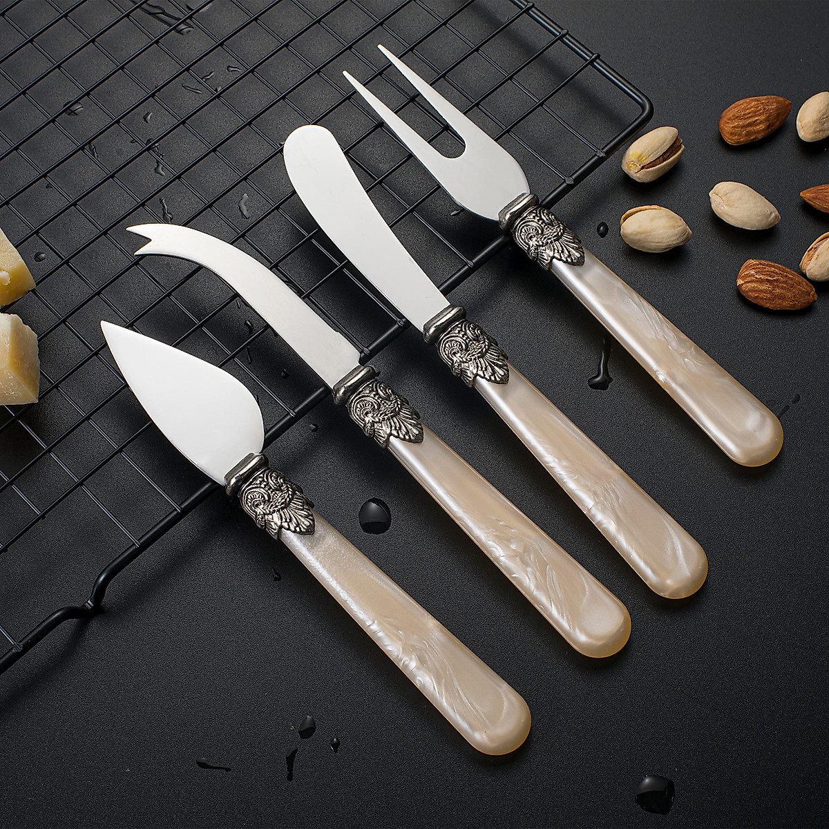 CATHYLIN 4-Pierce Cheese Knife Set For Charcuterie Board,Stainless Steel Cheese Knife Set With Acrylic Handle (Champagne,Gift Ready)