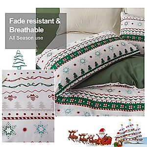 Cottolester Christmas Duvet Cover Queen Size Christmas Tree Snowflake Bedding Set Striped Duvet Cover Lightweight Soft Microfiber Bedding Set(Green,3PC)