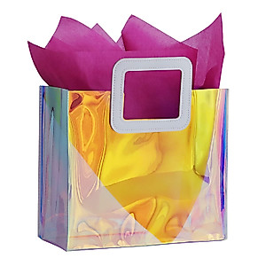 VUOJUR 11'' Holographic Medium Gift Bag with Tissue Paper Reusable Birthday Gift Bag for Women Girls Iridescent Bachelorette Wedding Bridal Bridesmaid Tote Gift Bag (Pack of 1, M Orchid)