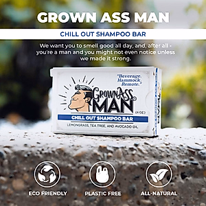 Grown Ass Man Co. - Solid Shampoo Bar Rich Lather 3 in 1: Hair, Beard & Body Wash - Plastic Free & Eco-Friendly, Natural & Organic Clean for All Hair Types, 4oz Bar (Chill Out, Single)