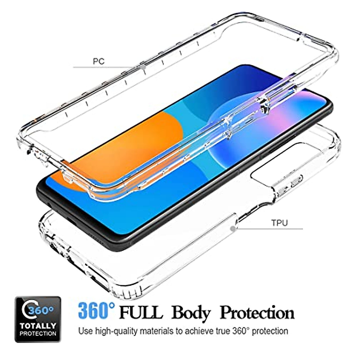 Gufuwo Case for P Smart 2021/Huawei Y7A/Enjoy 20 SE Case with Tempered Glass Screen Protector, Clear 360 Full Body Protection Hard Shell+Soft TPU Shockproof Cover Cases for Huawei P Smart 2021 (Clear)