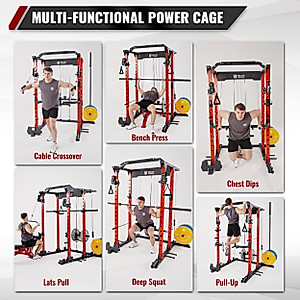 Major Fitness Power Cage, PLM03 All-in-One 1400lbs Multi-Function Power Rack with Adjustable Cable Crossover System and Exercise Machine Attachment(Red)