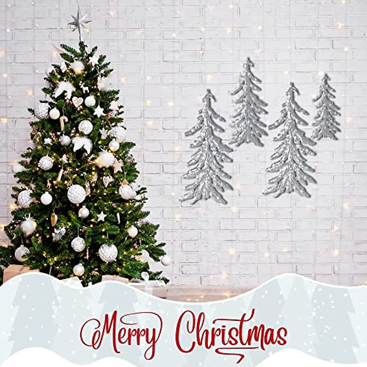 4 Pieces Christmas Pine Sculpture Metal Tree Christmas Metal Pine Tree Metal Wall Art Decor for Home Office Outdoor Wall Decor (Silver)