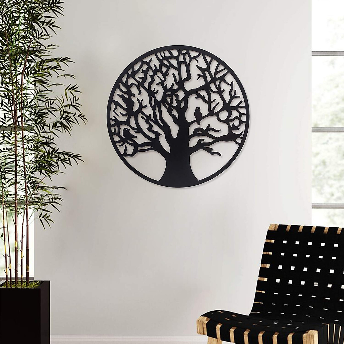 Asense 24 Inch Metal Tree Leaf Wall Art Sculptures Home Decor Hanging Round Tree of Life Home Garden Bedroom Living Room Indoor Outdoor Decoration (Tree-Round-Black)